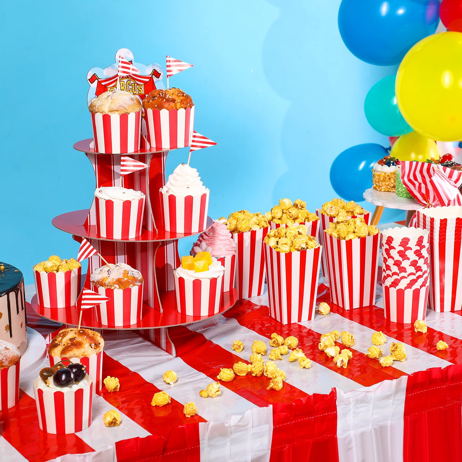 432 Pcs Circus Party Decorations Set Carnival Circus Balloon Garland Arch Kit Table Skirts 3 Tier Cupcake Stand Cupcake Wrappers Popcorn Boxes for Carnival Circus Birthday Halloween Party Decoration