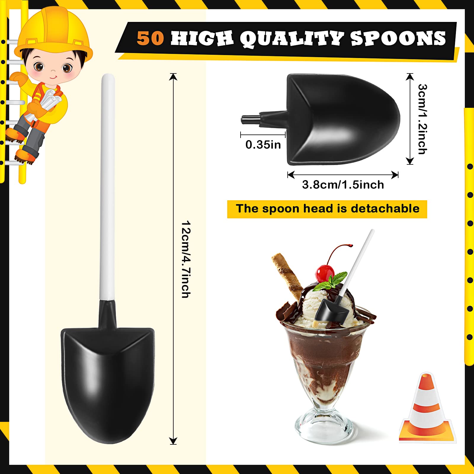 128 Construction Party Decoration, Include 50 Mini Novelty Disposable Plastic Shovel Shape Dessert Spoon, 28 Truck Cupcake Toppers, 50 Construction Sign Cake Toppers for Birthday Party Supplies