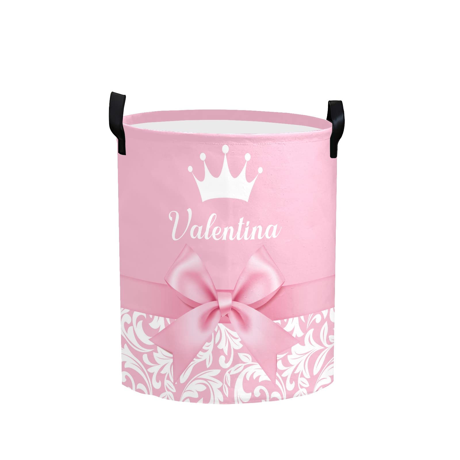 Personalized Laundry Basket Hamper,Princess Bow Pink,Collapsible Storage Baskets with Handles for Kids Room,Clothes, Nursery Decor