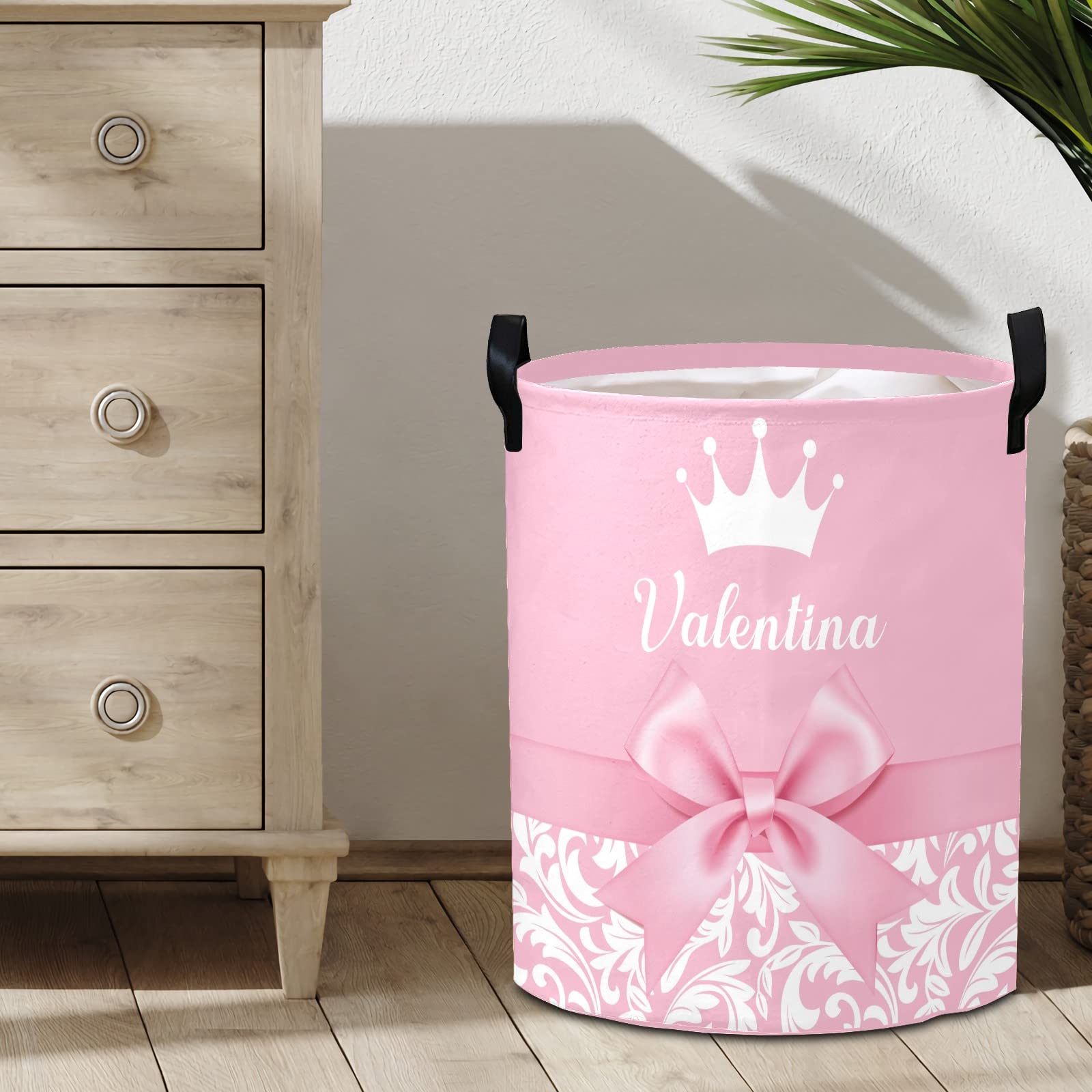 Personalized Laundry Basket Hamper,Princess Bow Pink,Collapsible Storage Baskets with Handles for Kids Room,Clothes, Nursery Decor