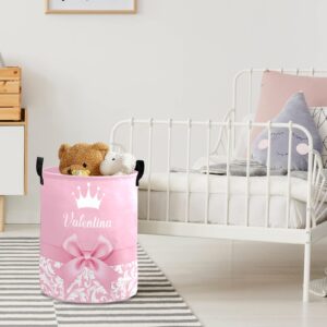 Personalized Laundry Basket Hamper,Princess Bow Pink,Collapsible Storage Baskets with Handles for Kids Room,Clothes, Nursery Decor