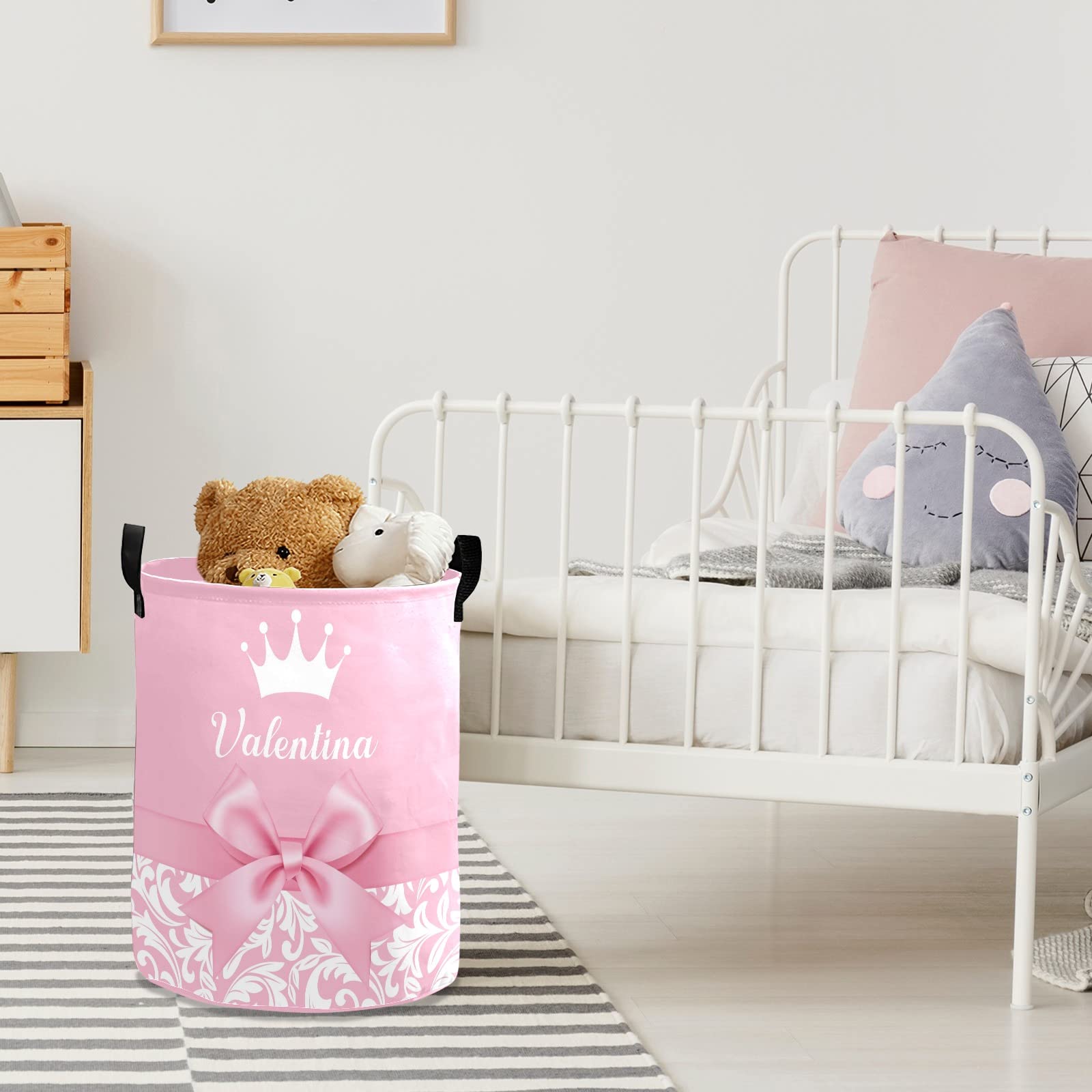 Personalized Laundry Basket Hamper,Princess Bow Pink,Collapsible Storage Baskets with Handles for Kids Room,Clothes, Nursery Decor