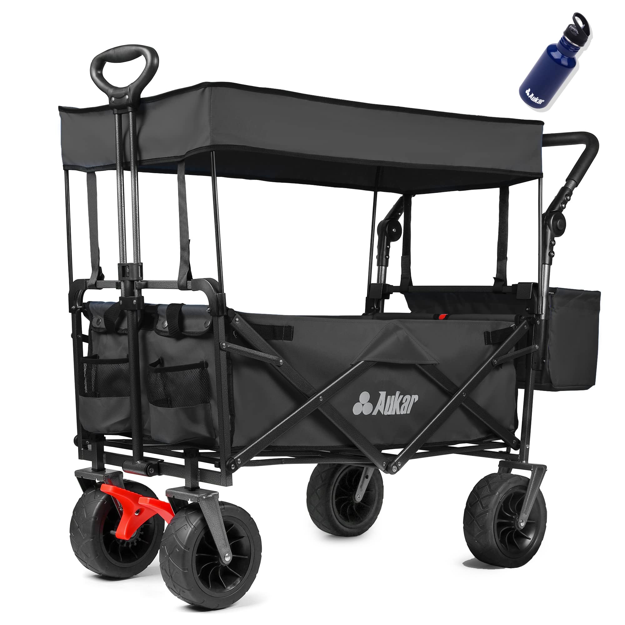 AUKAR Collapsible Canopy Wagon - Heavy Duty Utility Outdoor Garden Cart - with Adjustable Handles, for Shopping, Picnic, Camping, Sports - Black