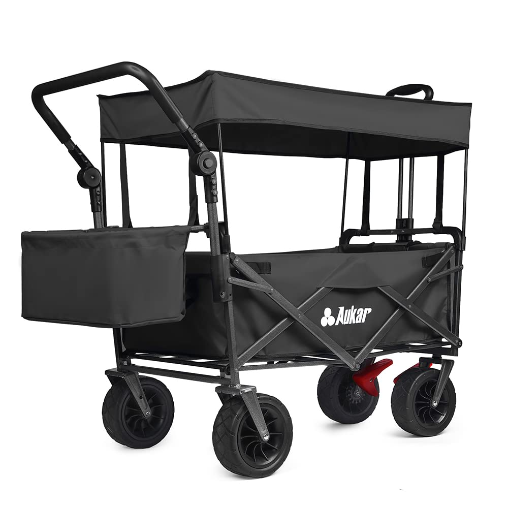 AUKAR Collapsible Canopy Wagon - Heavy Duty Utility Outdoor Garden Cart - with Adjustable Handles, for Shopping, Picnic, Camping, Sports - Black