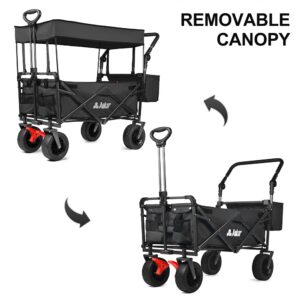 AUKAR Collapsible Canopy Wagon - Heavy Duty Utility Outdoor Garden Cart - with Adjustable Handles, for Shopping, Picnic, Camping, Sports - Black