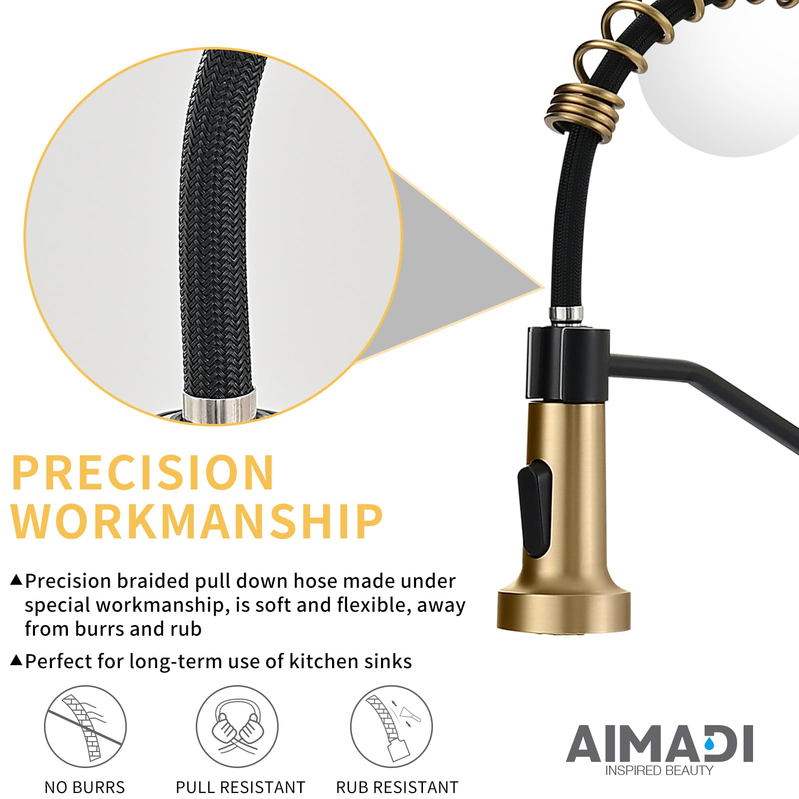 AIMADI Black Faucet Kitchen,Commercial Black Gold Kitchen Faucet Matte Black Modern Single Handle Kitchen Faucet with Pull Down Sprayer for Rv Farmhouse Camper