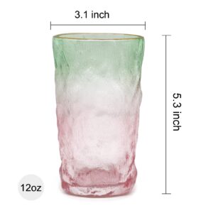 TOSSOW Drinking Glasses, Glassware Sets of 2, Mixed Drinking Glacier Pattern 12 oz Glass Cups Decoration for Wine, Beer, Juice, Mojito and Cocktail(Pink+Green)