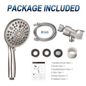 High Pressure Handheld Shower Head, 10-Setting Showerhead, 4.7”Detachable Showerhead Set with 5ft Hose, Adjustable Bracket and Built-in Power Wash to Clean Tub, Tile & Pets - Brush Nickel