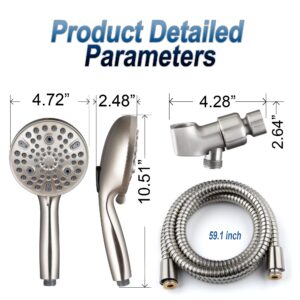 High Pressure Handheld Shower Head, 10-Setting Showerhead, 4.7”Detachable Showerhead Set with 5ft Hose, Adjustable Bracket and Built-in Power Wash to Clean Tub, Tile & Pets - Brush Nickel