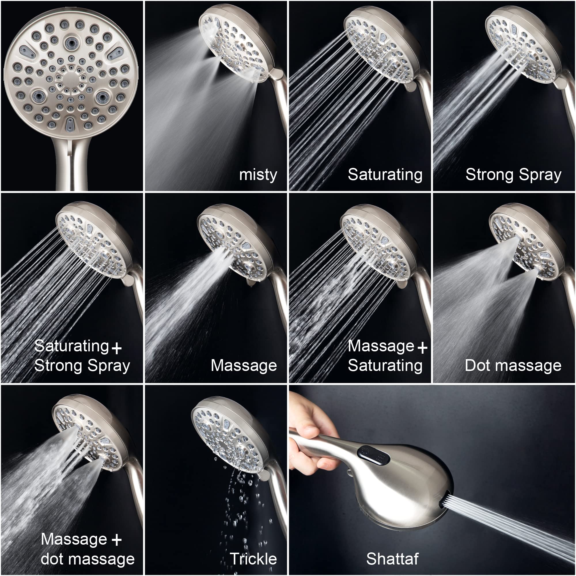 High Pressure Handheld Shower Head, 10-Setting Showerhead, 4.7”Detachable Showerhead Set with 5ft Hose, Adjustable Bracket and Built-in Power Wash to Clean Tub, Tile & Pets - Brush Nickel