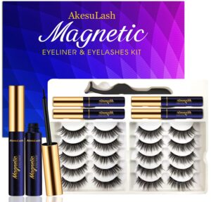 akesulash magnetic eyelashes - 10 pairs 3d medium magnetic lashes with eyeliner kit,cruelty-free & vegan,upgraded,natural look,long lasting,reusable,with applicator - easy to apply (4 tube of liner)