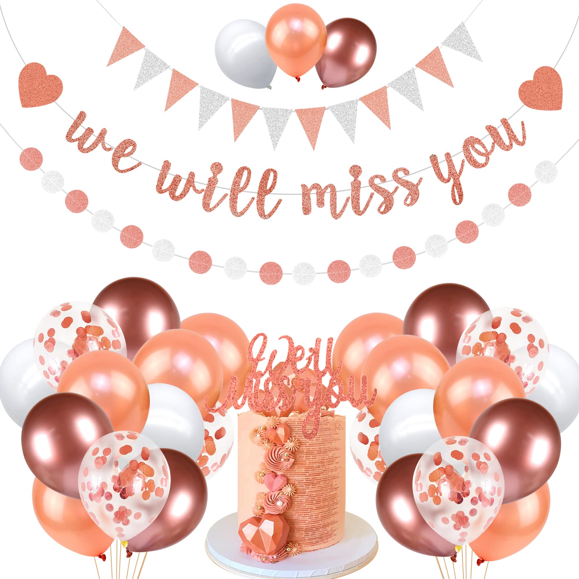 We Will Miss You Banner Coworker Going Away Farewell Decorations Rose Gold Glitter Dot Circle Garland Triangle Flag Banner For Goodbye, Retirement, Job Change, Later Traitor Party Supplies (Rose Gold)