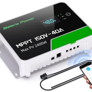 40A MPPT Solar Charge Controller 48V/36V/24V/12V, Bateria Power Max PV 2400W 150Voc Built-in BT Module with Remote APP Control for LiFePO4, SLD, AGM, FLD, Gel Battery, Negative Ground (SunRock 40S)