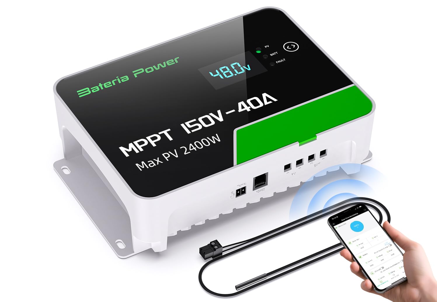 40A MPPT Solar Charge Controller 48V/36V/24V/12V, Bateria Power Max PV 2400W 150Voc Built-in BT Module with Remote APP Control for LiFePO4, SLD, AGM, FLD, Gel Battery, Negative Ground (SunRock 40S)