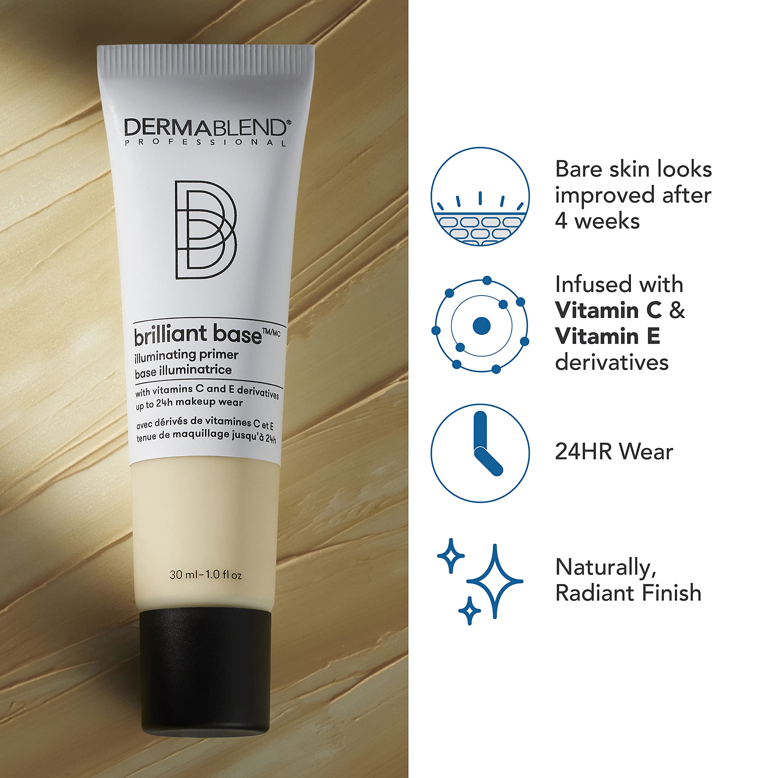 Dermablend Brilliant Base Illuminating Primer Face Makeup, Formulated with Niacinamide, Shea Butter, and Glycerin, Enriched with Vitamin C and E Derivatives, Provides Long Lasting Radiance, 1 Fl Oz