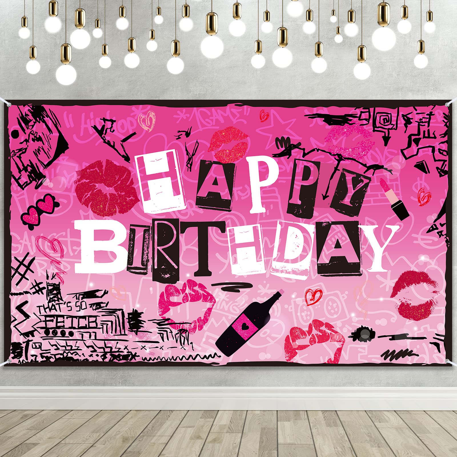 Hot Pink Lips Happy Birthday Backdrop Early 2000s Party Decorations Pink Girl Teen Girls Theme Party Supplies Banner Photography Background for Girls 2000s Birthday Party Decorations