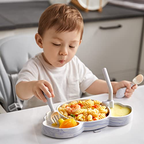 bc babycare Silicone Toddler Plates, Suction Plates for Baby Include Spoon, Fork and Straw, Self Feeding Training Divided Plates Set, Microwave & Dishwasher Safe & BPA Free (Blue Cute Koala)