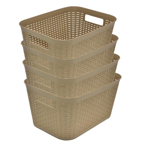 IPP 4 Pack Plastic Rattan Type Organizer Baskets (Beige)