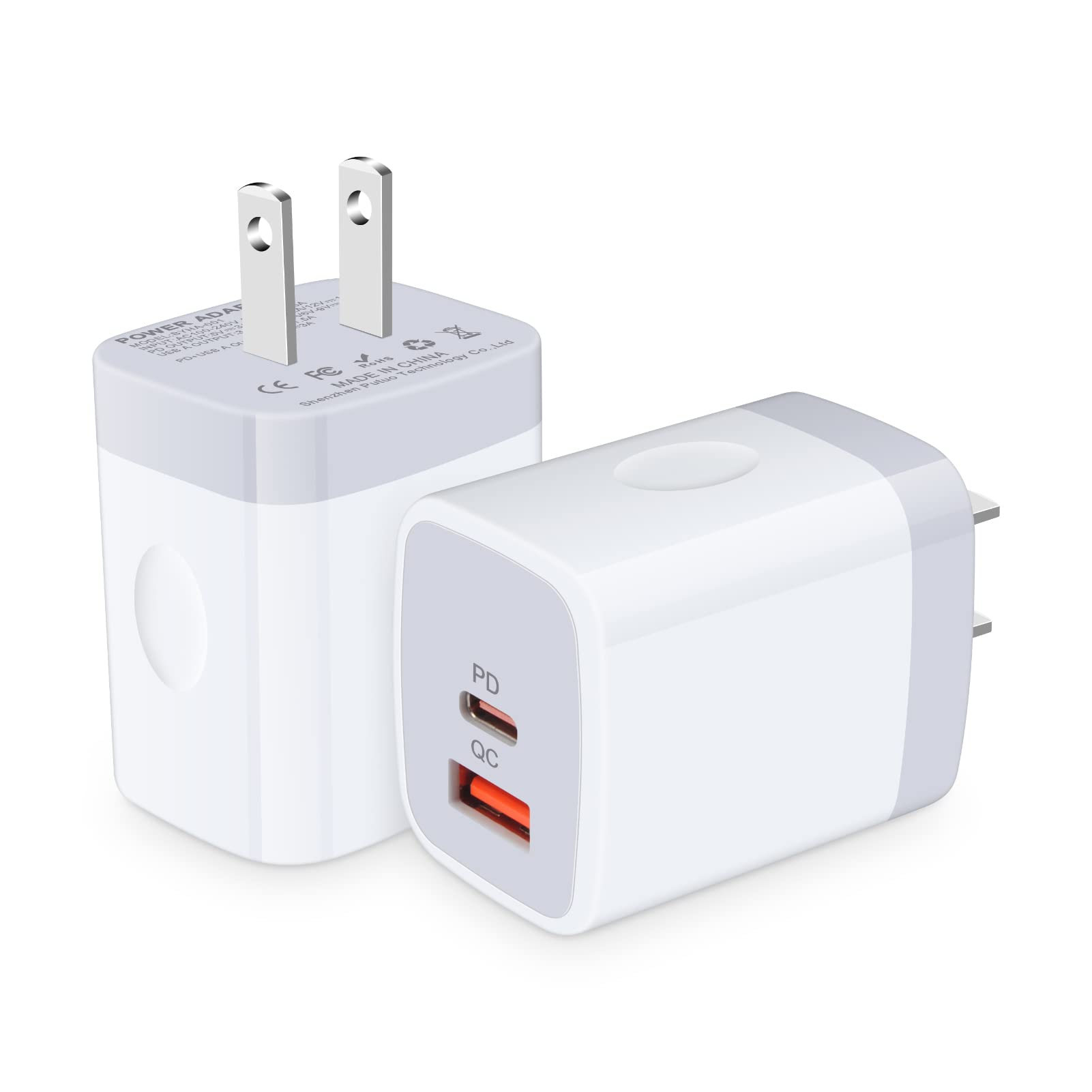 20W Dual Port USB C Fast Wall Charger Power Adapter for Samsung Galaxy S24 A15 A54 S23 S22 S21 S10 Plus Ultra, iPhone 15 14 13 12 11 Mini Pro Max, 2PC PD Type C Block Plug Box Charging Cube Base Brick