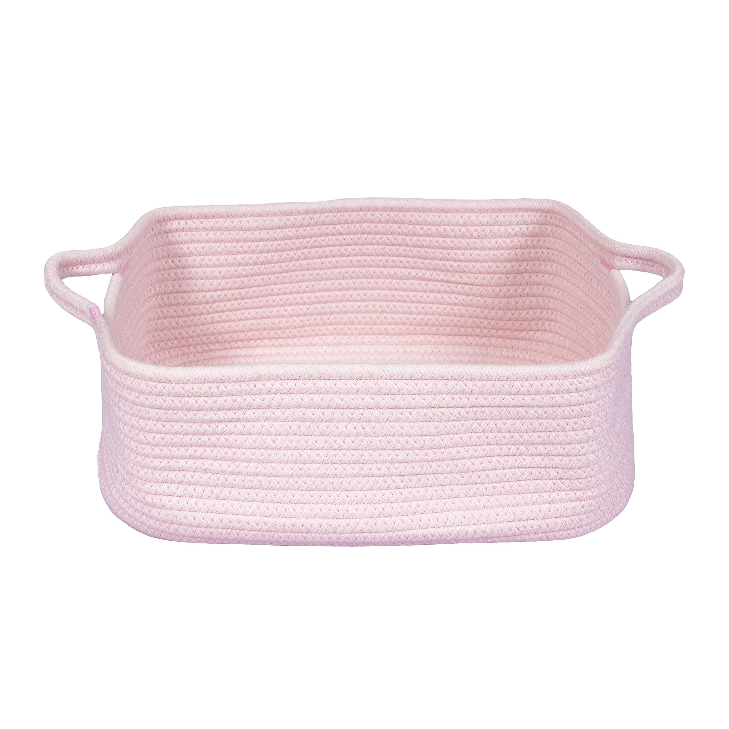 XUANGUO Woven Cotton Rope Storage Basket with Handles for Organizing Shelves Closet Small Cat Dog Pet Toy Basket Box Bin Decorative Rectangle Baby Nursery basket Gift Basket Empty Light pink