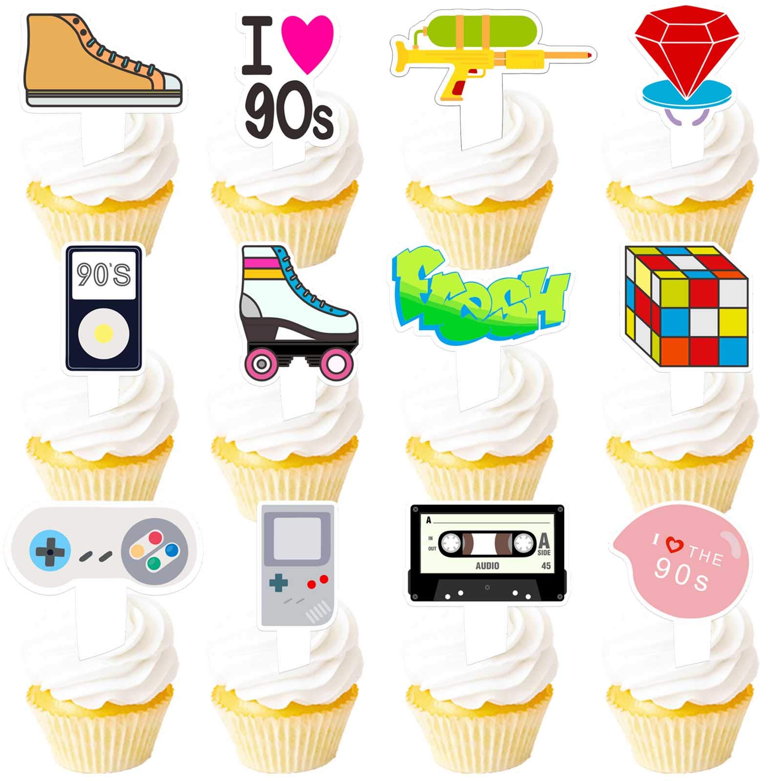 24pcs 90s Cupcake Topper 1990s Retro Theme Decor 90's Decade Throwback Party Decorations Supplies