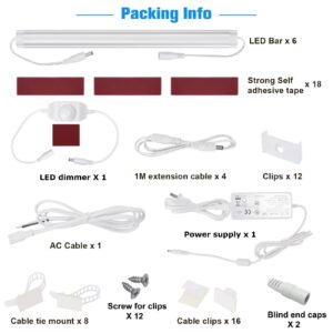 Litever Under Cabinet LED Lighting Kit, Super Bright, 6 PCS 12” Slim Light Bars, 31W 2000 Lumen, Dimmable, Plug or Wired Power Adapter, for Kitchen Cabinets Counter Shelf Workbench (Warm White 3000K)