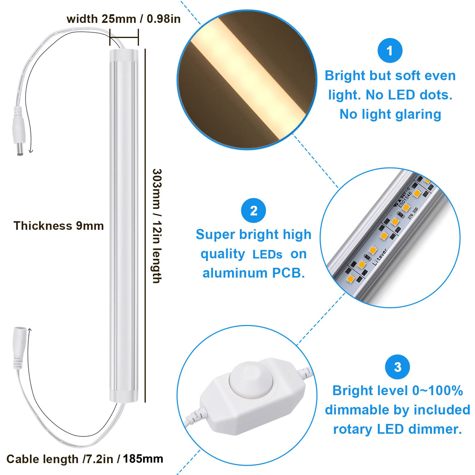 Litever Under Cabinet LED Lighting Kit, Super Bright, 6 PCS 12” Slim Light Bars, 31W 2000 Lumen, Dimmable, Plug or Wired Power Adapter, for Kitchen Cabinets Counter Shelf Workbench (Warm White 3000K)