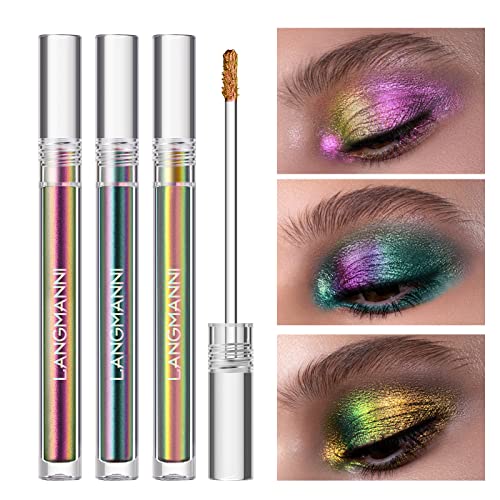 Liquid Glitter Eyeshadow, 3 Colors Multichrome Metallic Liquid Glitter Chameleon Eyeshadow Kit, Quick Drying Long Lasting High Holographic Sparkling Multi-Dimensional Eyeshadow Makeup Set for Women