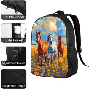 UIACOM Horse Backpack Three Horses with Yellow Floral Flower Bookbag for Teens Kids Boys Girls, Large 17 inch Elementary Junior High University School Bag, Beautiful Horse Art