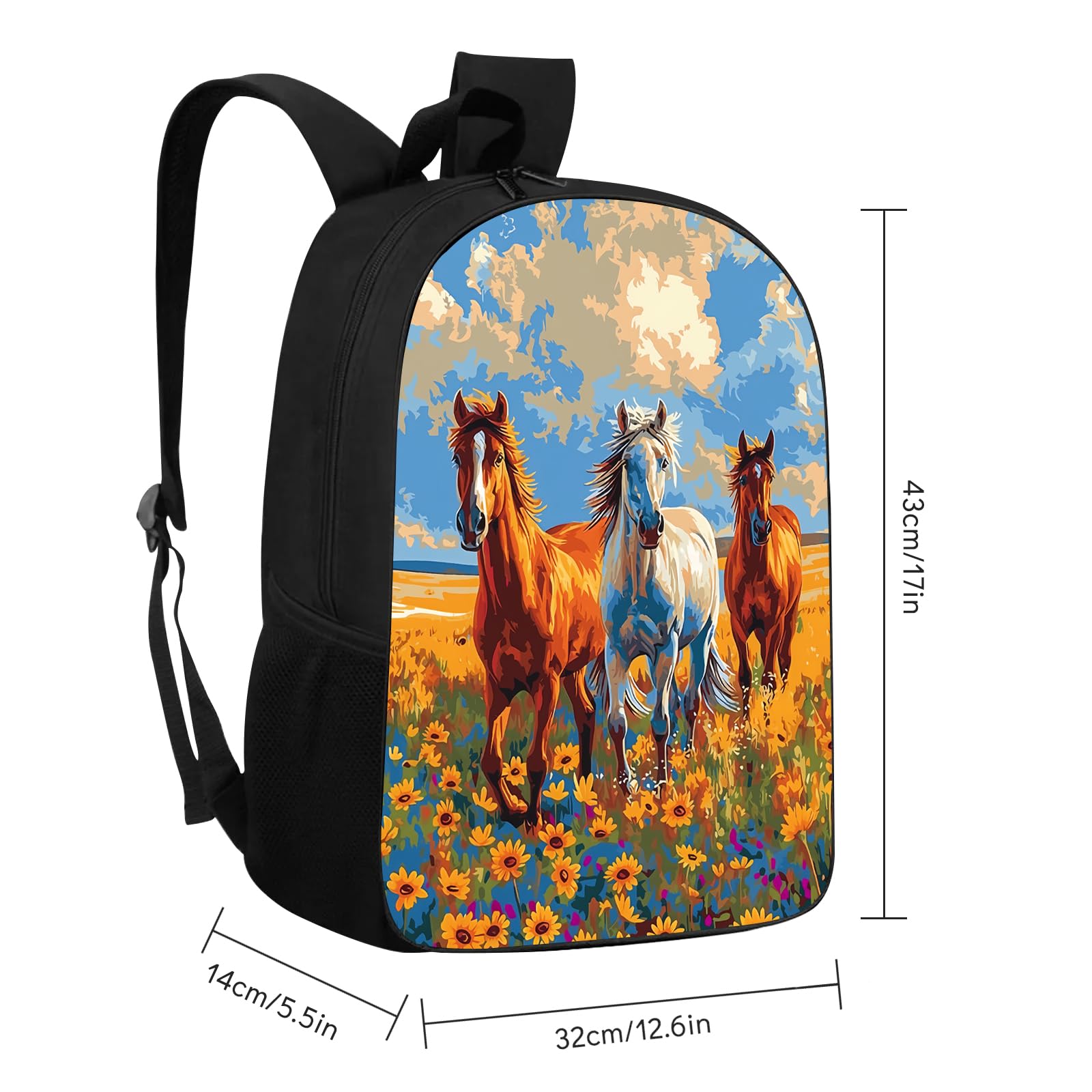 UIACOM Horse Backpack Three Horses with Yellow Floral Flower Bookbag for Teens Kids Boys Girls, Large 17 inch Elementary Junior High University School Bag, Beautiful Horse Art