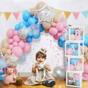 Amandir 164PCS Baby Boxes Gender Reveal Balloon Decorations, Pink and Blue Balloon Garland Kit 4pcs Baby Boxes with Letters (A-Z+Baby) for Baby Shower Birthday Boy or Girl Gender Reveal Party Supplies