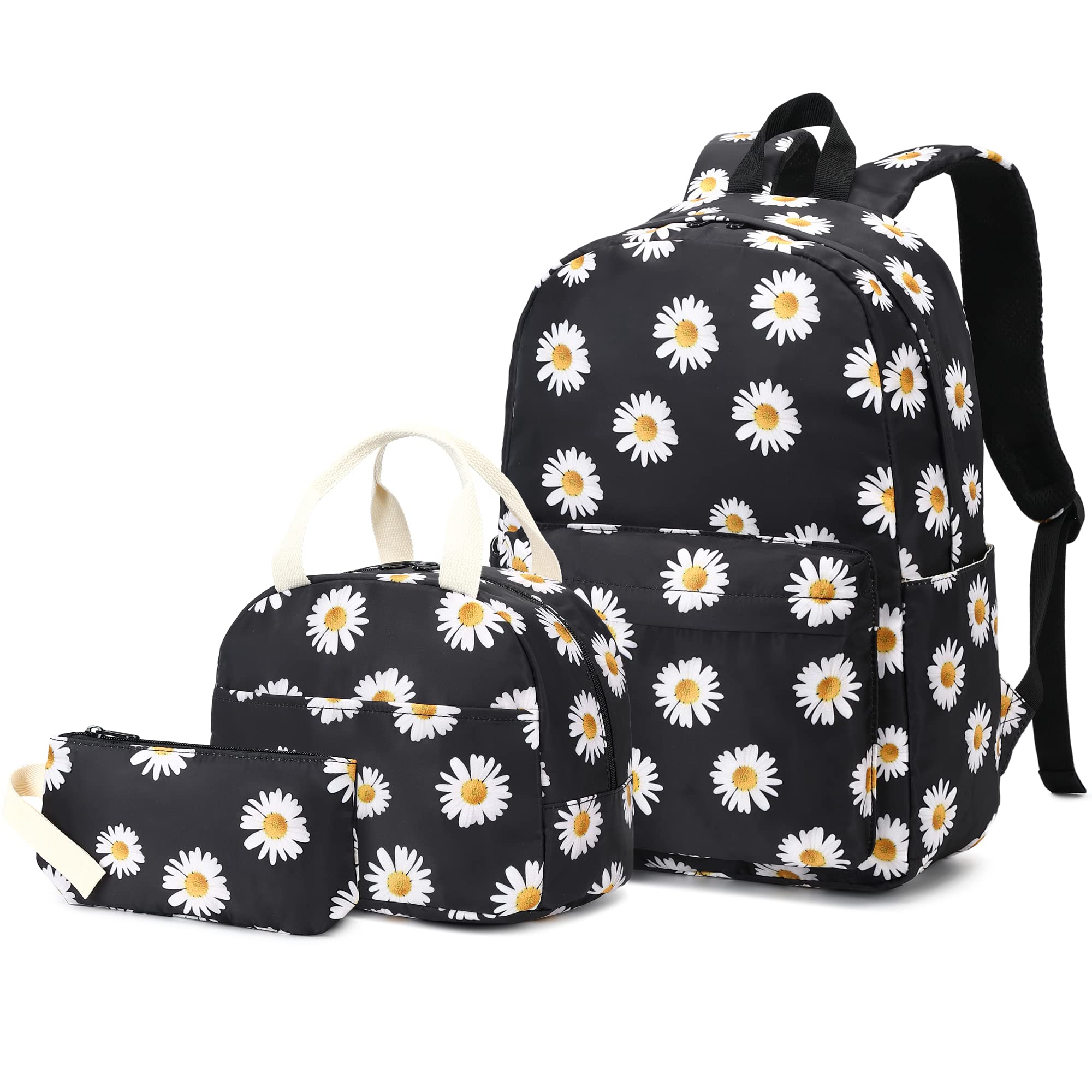 Yusudan Daisy Girls School Backpack Set, Kids Teens School Bag Bookbag with Lunch Bag Pencil Bag (Black)