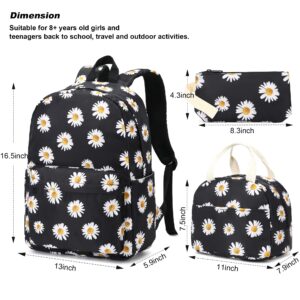 Yusudan Daisy Girls School Backpack Set, Kids Teens School Bag Bookbag with Lunch Bag Pencil Bag (Black)