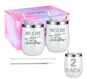 qiub wine tumbler cups gifts for women 12 oz mug with lids tumblers water glasses coffee cocktails champaign champagne stainless steel stemless insulated white-2pack 4 piece set