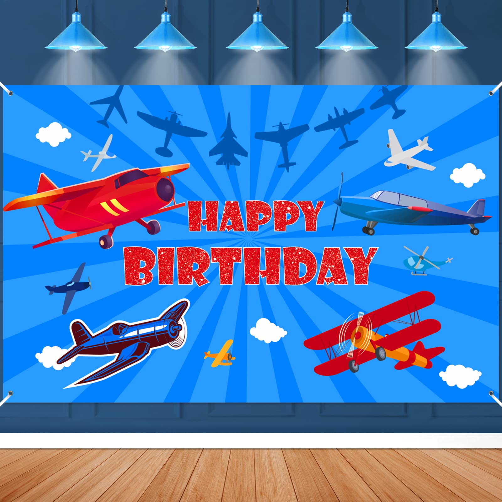 Airplane Birthday Decoration Banner, Airplane Happy Birthday Backdrop Time Flies Sky Themed Aircraft Birthday Photography Background Photo Booth for Kids Boy Girl Airplane Birthday Party Supplies