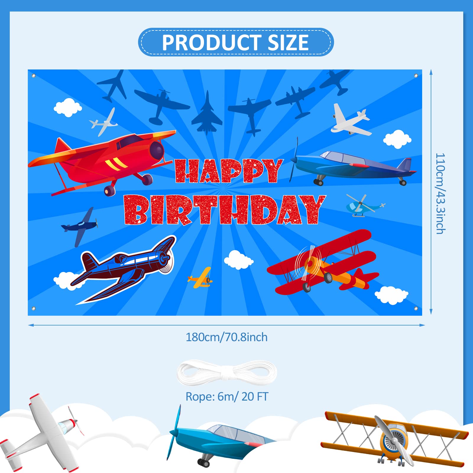 Airplane Birthday Decoration Banner, Airplane Happy Birthday Backdrop Time Flies Sky Themed Aircraft Birthday Photography Background Photo Booth for Kids Boy Girl Airplane Birthday Party Supplies