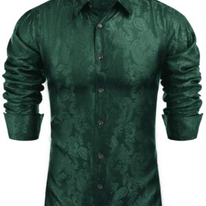 COOFANDY Mens Green Button Down Shirt Floral Jacquard Dress Shirts Long Sleeve Button Up Shirt Wedding Dress Shirts