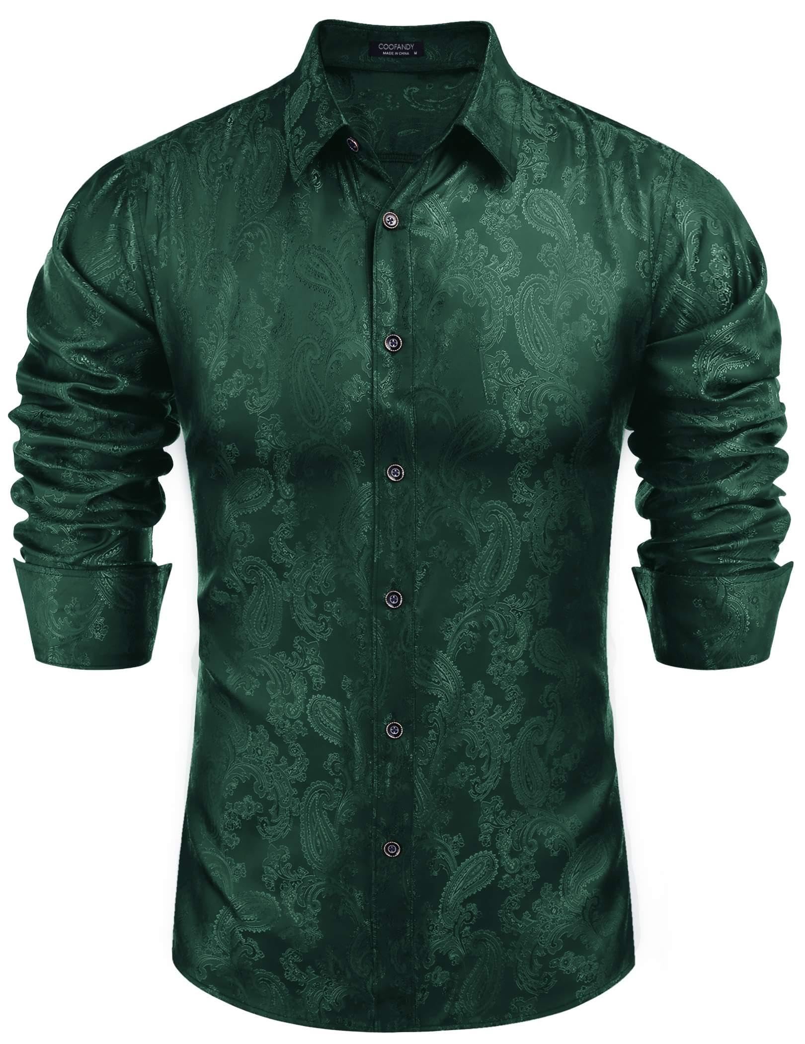 COOFANDY Mens Green Button Down Shirt Floral Jacquard Dress Shirts Long Sleeve Button Up Shirt Wedding Dress Shirts