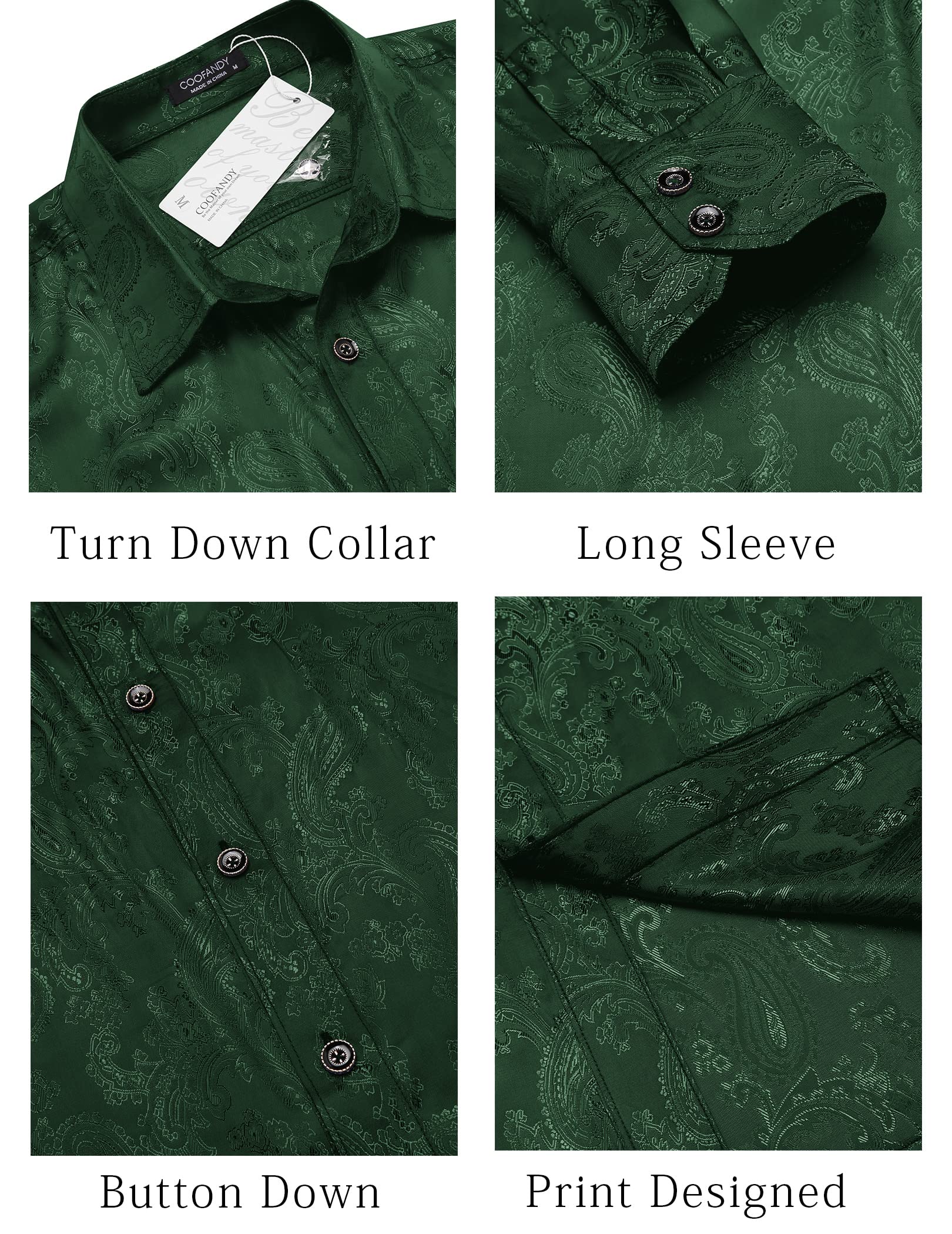 COOFANDY Mens Green Button Down Shirt Floral Jacquard Dress Shirts Long Sleeve Button Up Shirt Wedding Dress Shirts