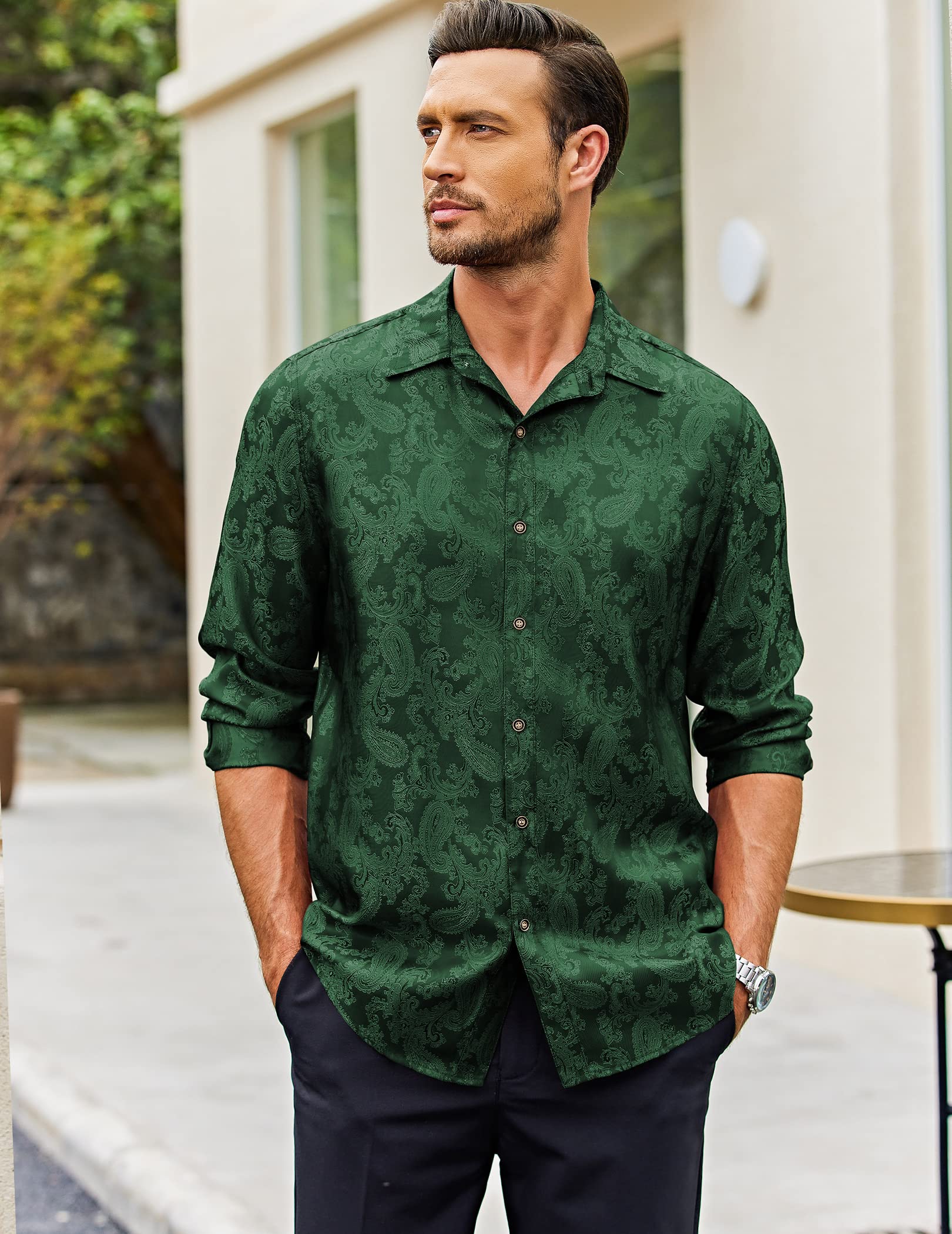 COOFANDY Mens Green Button Down Shirt Floral Jacquard Dress Shirts Long Sleeve Button Up Shirt Wedding Dress Shirts