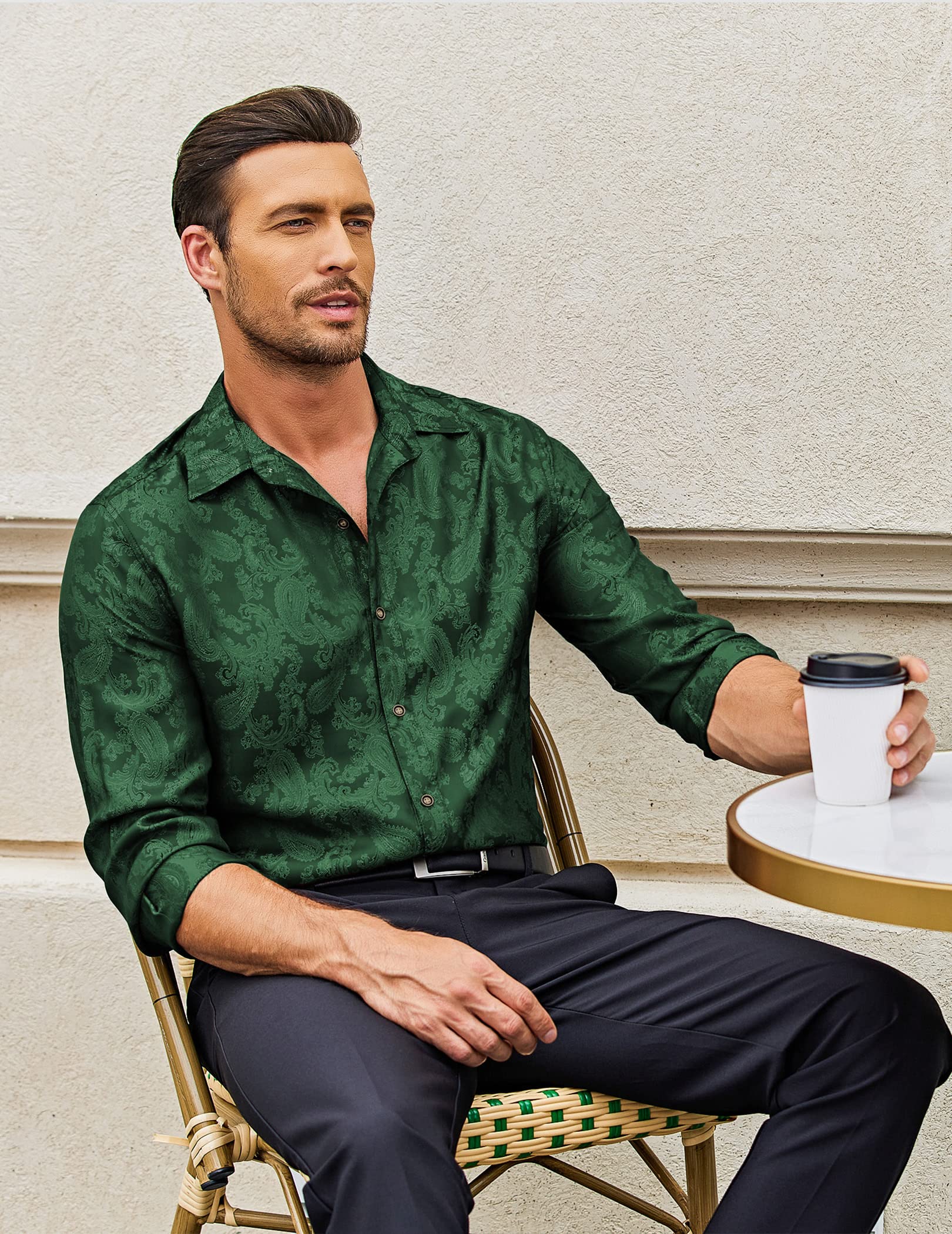 COOFANDY Mens Green Button Down Shirt Floral Jacquard Dress Shirts Long Sleeve Button Up Shirt Wedding Dress Shirts