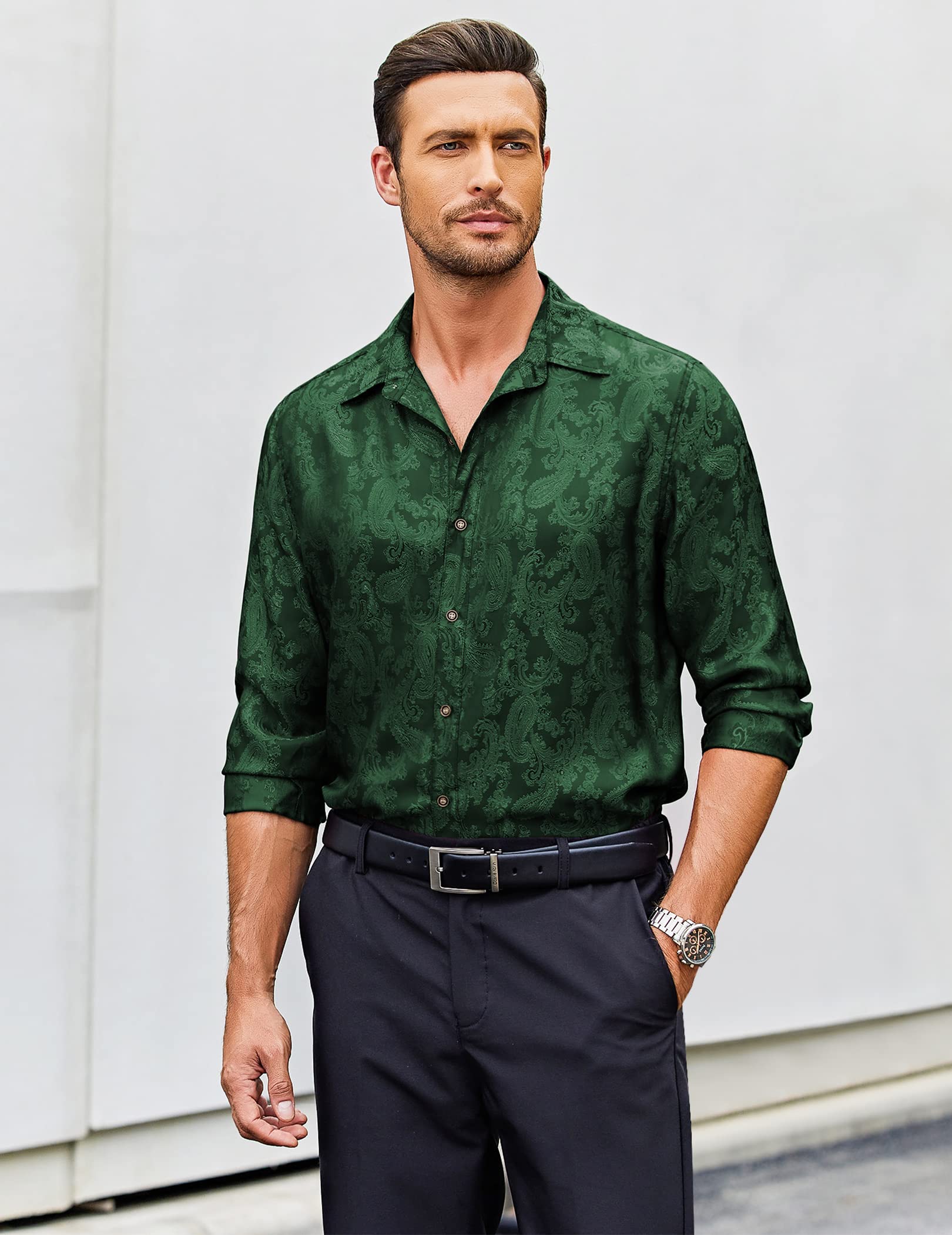 COOFANDY Mens Green Button Down Shirt Floral Jacquard Dress Shirts Long Sleeve Button Up Shirt Wedding Dress Shirts