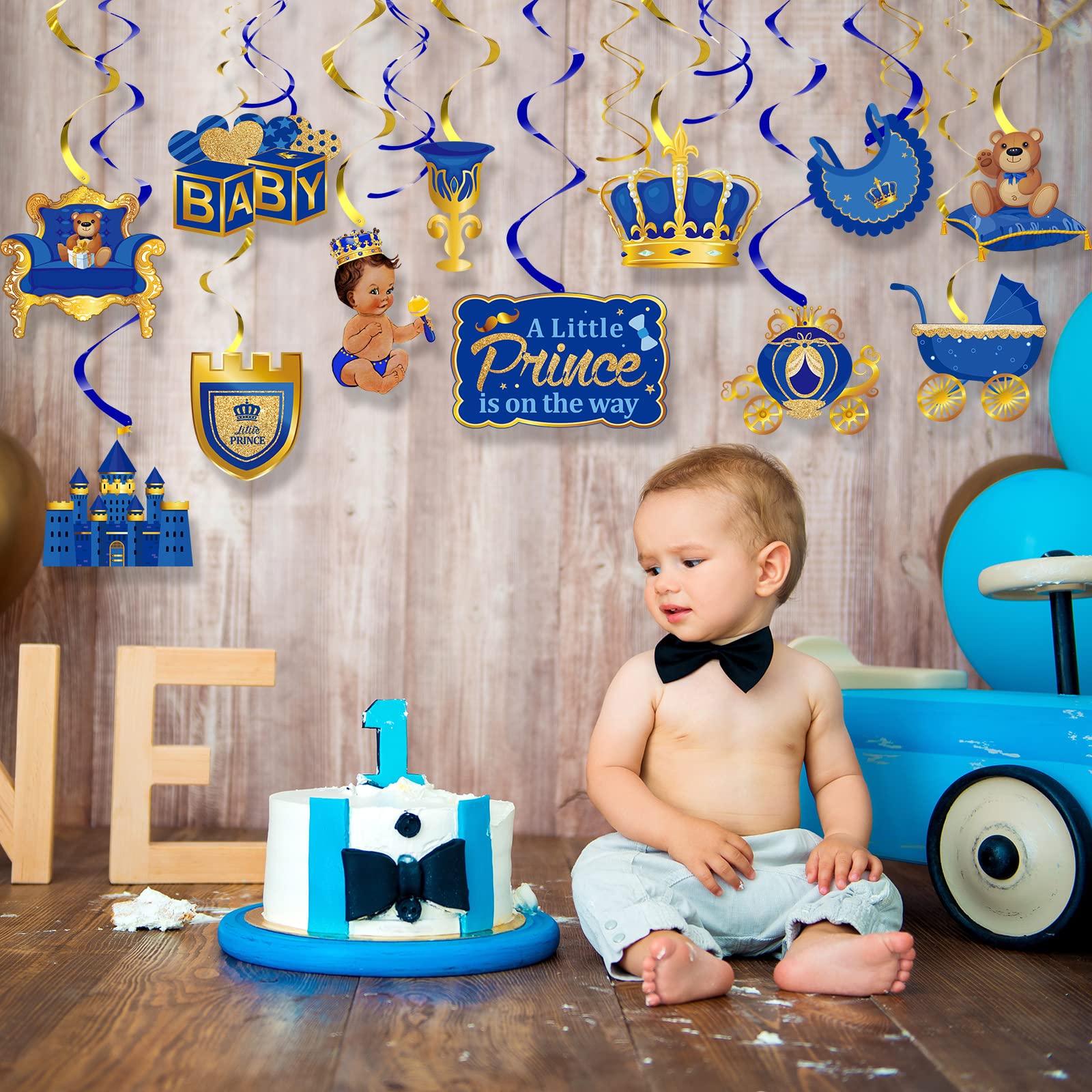 53 Pieces Royal Blue Prince Baby Shower Hanging Decorations Baby Prince Hanging Swirls Royal Baby Shower Hanging Streamers for Kids Boys Baby Shower Birthday Party Supplies Decor