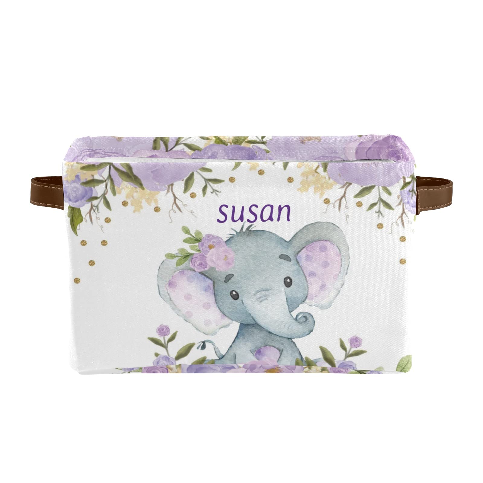 CUXWEOT Personalized Purple Floral Elephant Storage Bin with Name Waterproof Canvas Organizer Bin with Handles for Gift Baskets Book Bag (2 Pack)