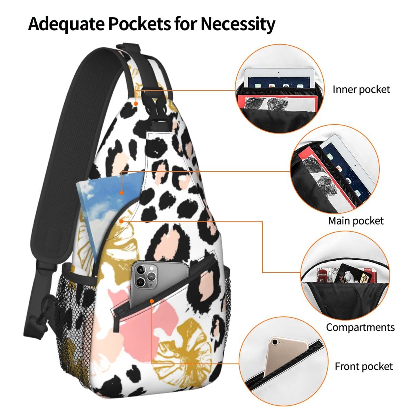 Crossbody Bag Sling Shoulder Backpack for Men Women Monstera Leopard Unisex Small Hiking Backpack Durable Hiking Daypack for Sport Casual Walking Biking Travel Cycling