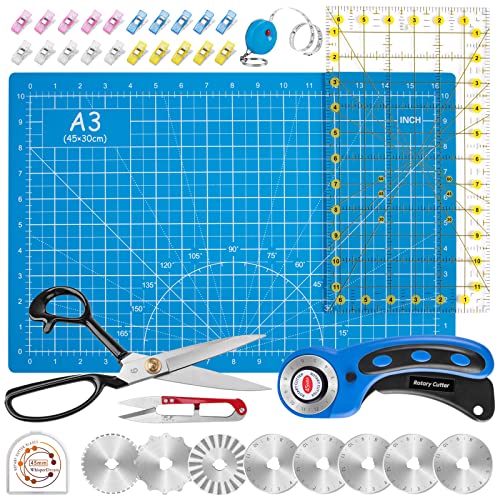 WhisperDream 45mm Rotary Cutter Set - Blue Rotary Cutter Kit including 45mm Rotary Cutter for Fabric, 8 Replacement Blades, A3 Cutting Mat, 9 inch Sewing Scissors, Ruler, Clips and Tape Measure