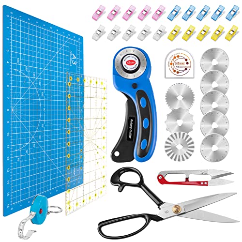 WhisperDream 45mm Rotary Cutter Set - Blue Rotary Cutter Kit including 45mm Rotary Cutter for Fabric, 8 Replacement Blades, A3 Cutting Mat, 9 inch Sewing Scissors, Ruler, Clips and Tape Measure