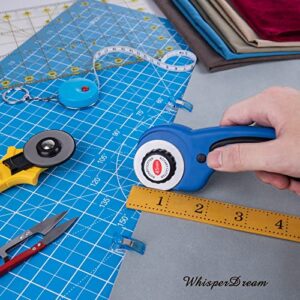 WhisperDream 45mm Rotary Cutter Set - Blue Rotary Cutter Kit including 45mm Rotary Cutter for Fabric, 8 Replacement Blades, A3 Cutting Mat, 9 inch Sewing Scissors, Ruler, Clips and Tape Measure