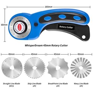 WhisperDream 45mm Rotary Cutter Set - Blue Rotary Cutter Kit including 45mm Rotary Cutter for Fabric, 8 Replacement Blades, A3 Cutting Mat, 9 inch Sewing Scissors, Ruler, Clips and Tape Measure