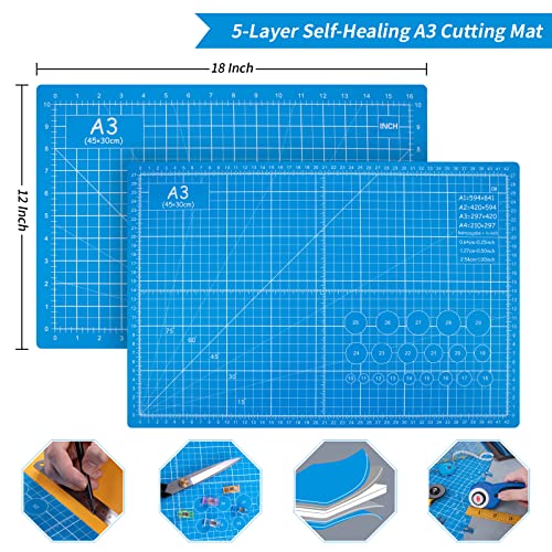 WhisperDream 45mm Rotary Cutter Set - Blue Rotary Cutter Kit including 45mm Rotary Cutter for Fabric, 8 Replacement Blades, A3 Cutting Mat, 9 inch Sewing Scissors, Ruler, Clips and Tape Measure